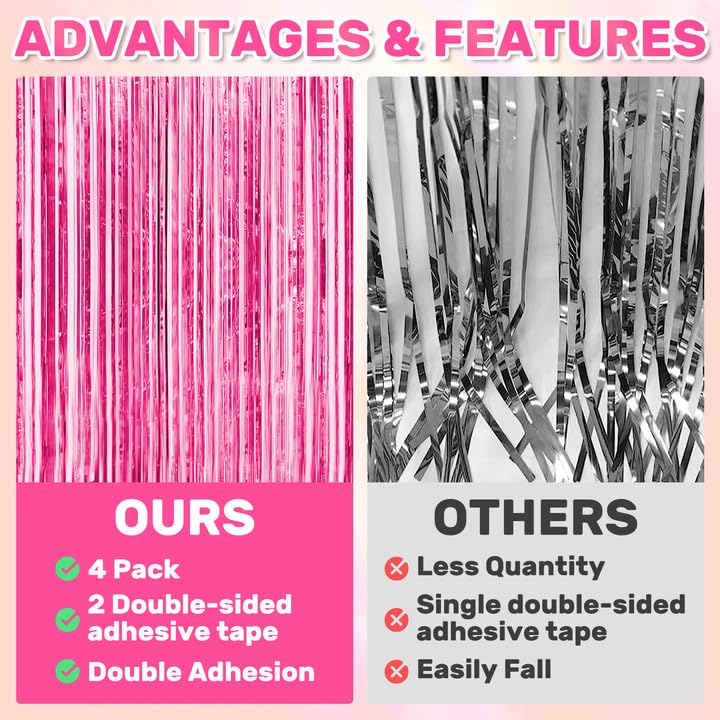 4-Pack Backdrop for Party Decorations, Foil Fringe Backdrop Curtains, Tinsel Streamers for Birthday Party Decorations, Pink Backdrop Curtains for Girl Graduation Unicorn Mermaid Disco Princess Parties