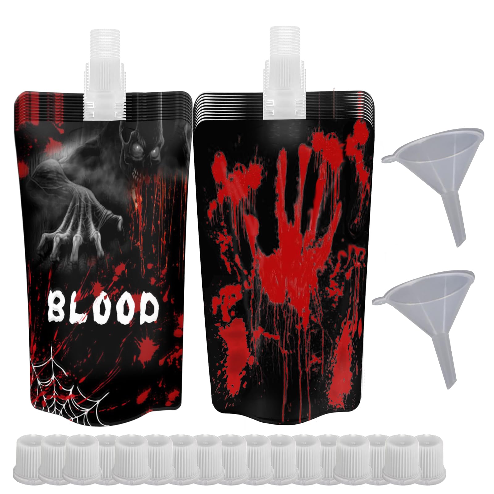 20 Pieces Halloween Fake Blood Bag,8.5oz Anti-Leak Bags with Cap,Drink Pouches,Party Decorations ,Christmas Vampire Hospital Nurse Zombie Theme Props ,with 2 Funnels,Reusable Food Grade