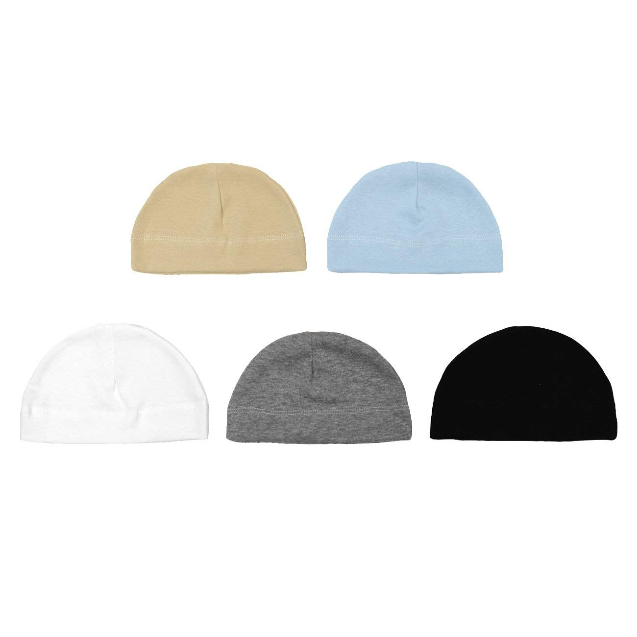 Betty Dain Jersey Knit 5 Piece Infant/Baby Cap, Set of 5 Soft Baby Beanies, Assorted Colors, 100% Cotton Stretch, Boys, Machine Washable, Grey/White/Black/Beige/Blue
