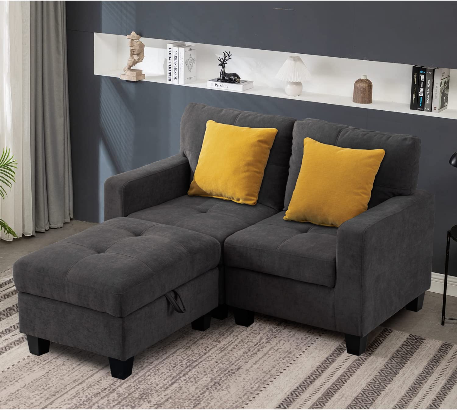 Aeffze Love Seat Sofa with Storage Ottoman Convertible Velvet 2 Seater Modular Sectional Modern Reversible Couch for Living Room Apartment Small Space (Dark Grey) (F8001-HOME)