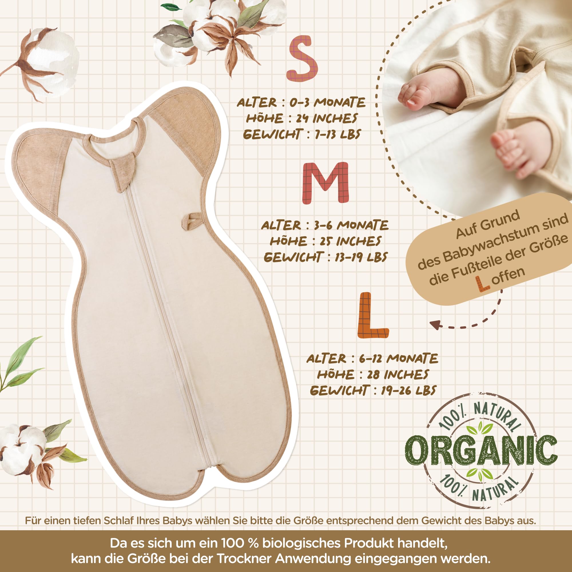 CCOCCOZAM Swaddle, Organic, Ivory, Small, 0-3 Months, 7-13 lbs, Transition Baby Sleep Sack, Dramatically Better Sleep