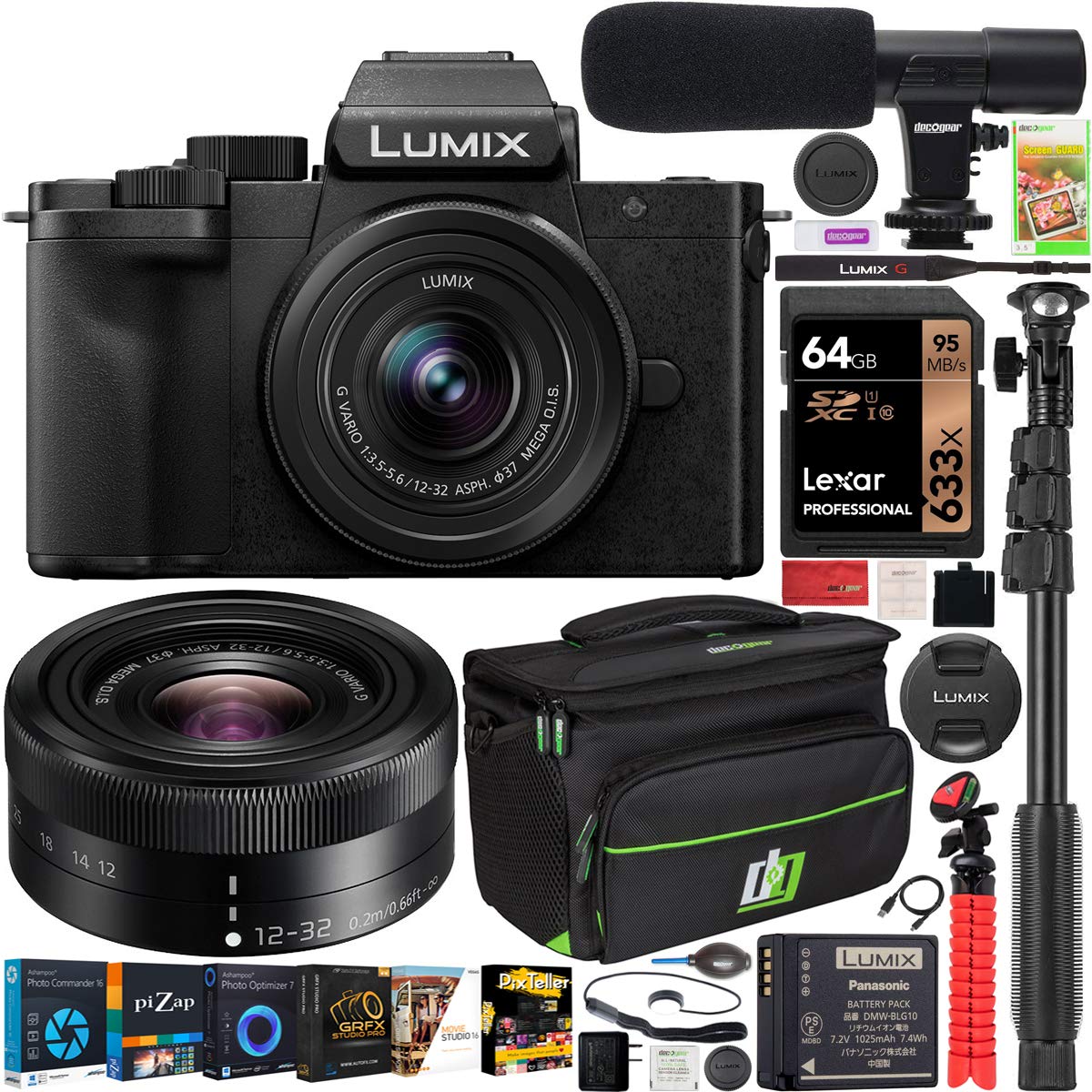 Panasonic DC-G100KK LUMIX G100 Mirrorless 4K Vlogging Camera with 12-32mm F3.5-5.6 Lens Bundle with Deco Gear Camera Bag + Photo Video Monopod + Microphone + 64GB Card + Software Kit & Accessories