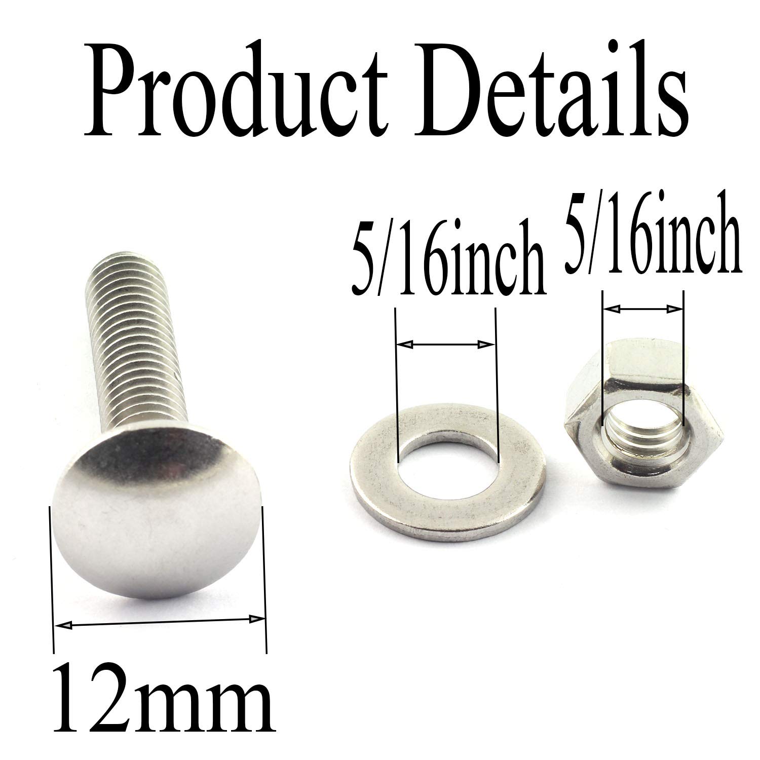 RuiLing 10 Set Carriage Bolt Sets 304 Stainless Steel Carriage Screw Hex Nut and Flat Washer Kits 5/16-18 Inches