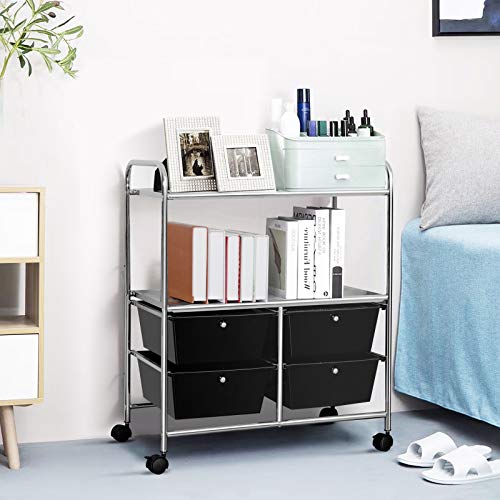 RELAX4LIFE Storage Cart W/Four Drawers, Wheels and Two Shelves, Stable Steel Frame Craft Cart for Office,Home, Make Up Storage and Files Arrangement Storage Cart Organizer (Black)