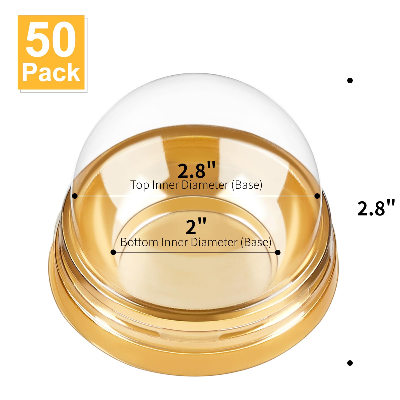 Zezzxu 3 Inch Charcuterie Domes with Lids, 50 Pack Clear Plastic Bundt Cake Containers Hot Cocoa Bombs Boxes Individual Cups for Packaging Desserts Strawberries (Gold Base)