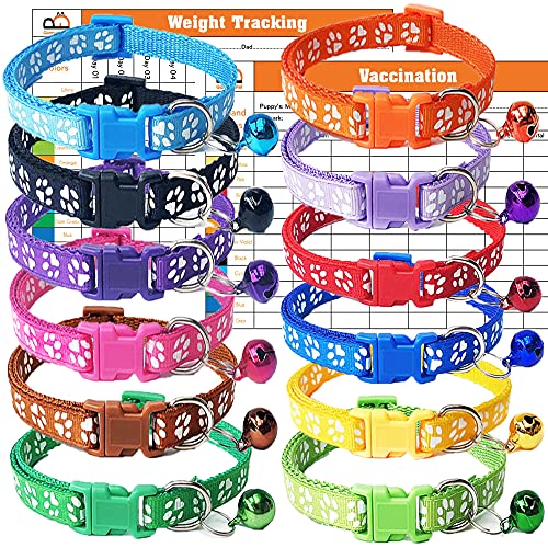 GAMUDA Puppy Collars - Super Soft Nylon Whelping Puppy Collars - Adjustable Litter Collars for Pups - Assorted Colors Reflective Plain & Identification Collars - Set of 12 (Footprint)