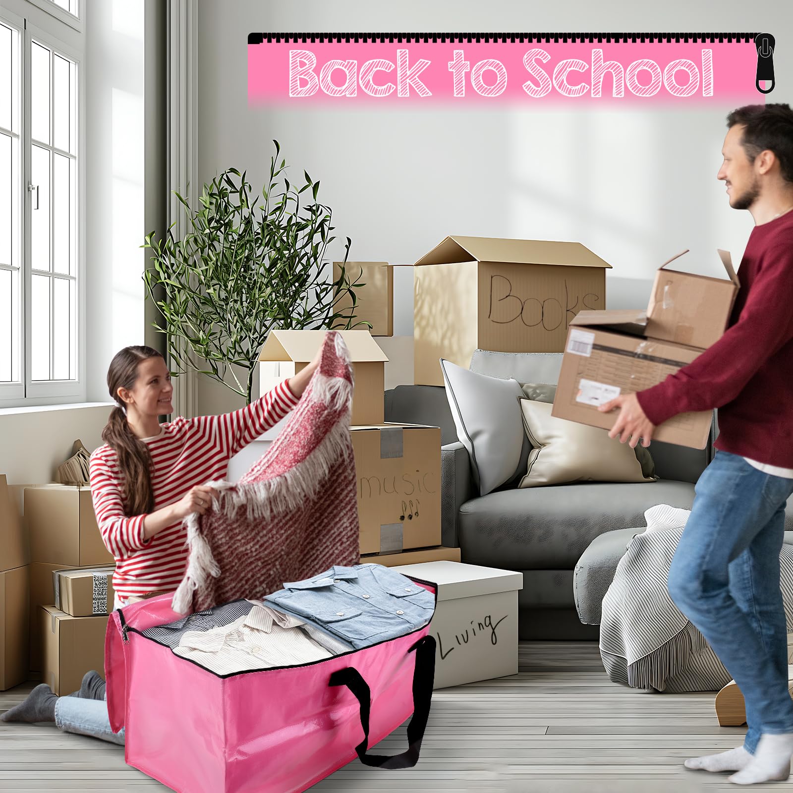 6 Pack Extra Large Moving Bags with Zippers & Carrying Handles, Heavy-Duty Storage Tote for Space Saving, Fold Flat, Water-Resistant, College Dorm Packing Supplies, Alternative to Moving Box - Pink