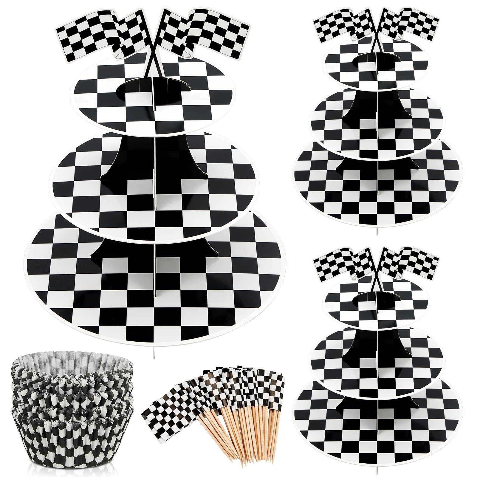 3 Sets Race Car Party Decorations 3 Tier Round Cardboard Cupcake Stand for Racing Cars Birthday Party Supplies 100 Checkered Baking Cups Liners 100 Race Car Flag Black and White Fast Party Decorations