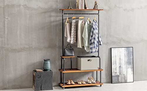 DOFURNILIM Industrial Clothing Rack, Pipe Style Rolling Garment Rack, Heavy Duty Steampunk Clothes Rack, Hall Tree on Wheels with Shelf and Shoes Storage for Home, Retail Store, Rustic Wood