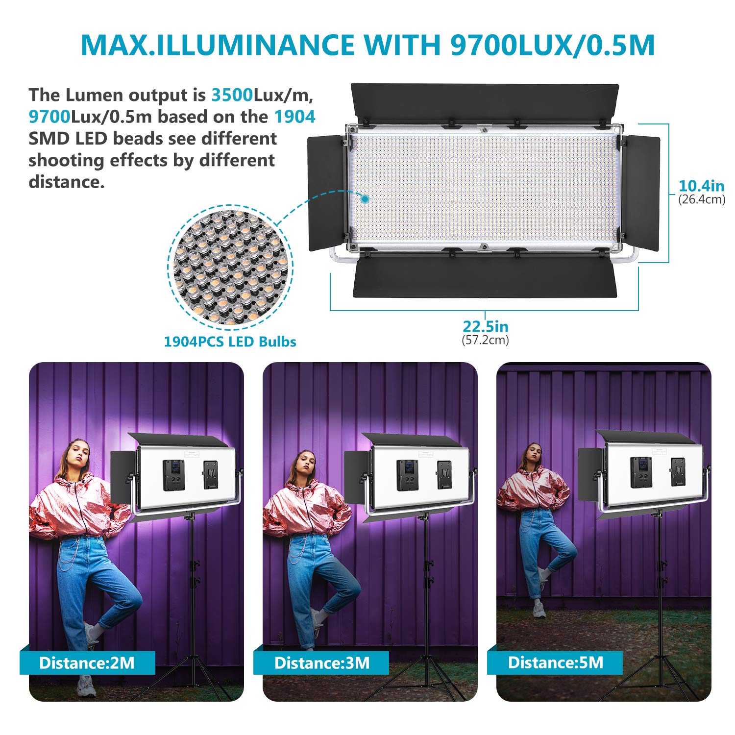 Neewer Professional 1904 LED Video Light with APP Intelligent Control System, Dimmable Bi-Color 3200K-5600K Photography Lighting Kit for YouTube Studio Video Lighting with LCD Screen, Metal Shell
