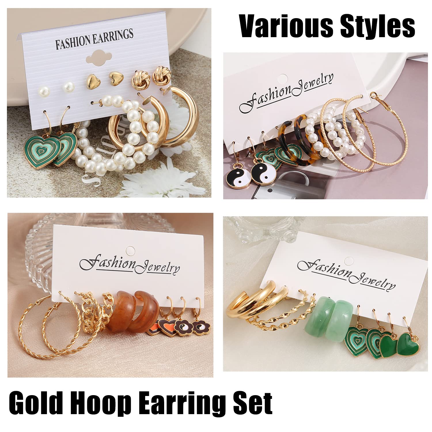 32 Pairs Gold Hoop Earrings Set for Women Girls, Pearl Dangle Earrings Pack, Earrings Sets for Multiple Piercing