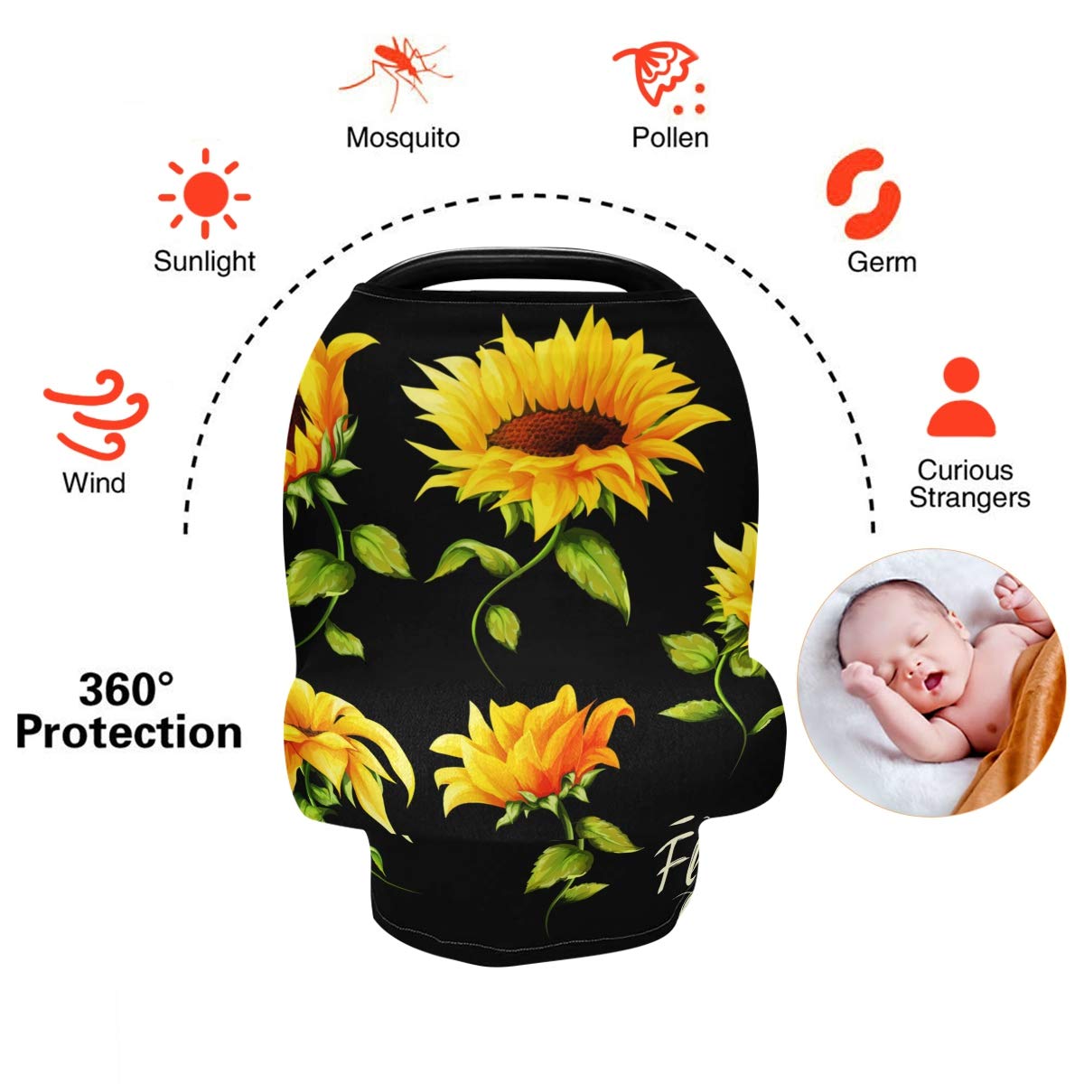 Nursing Cover Breastfeeding Scarf Sunflowers Floral Black- Baby Car Seat Covers, Stroller Cover, Carseat Canopy (r)