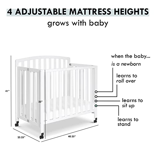 DaVinci Dylan Folding Portable 3-in-1 Convertible Mini Crib and Twin Bed in White, Greenguard Gold Certified