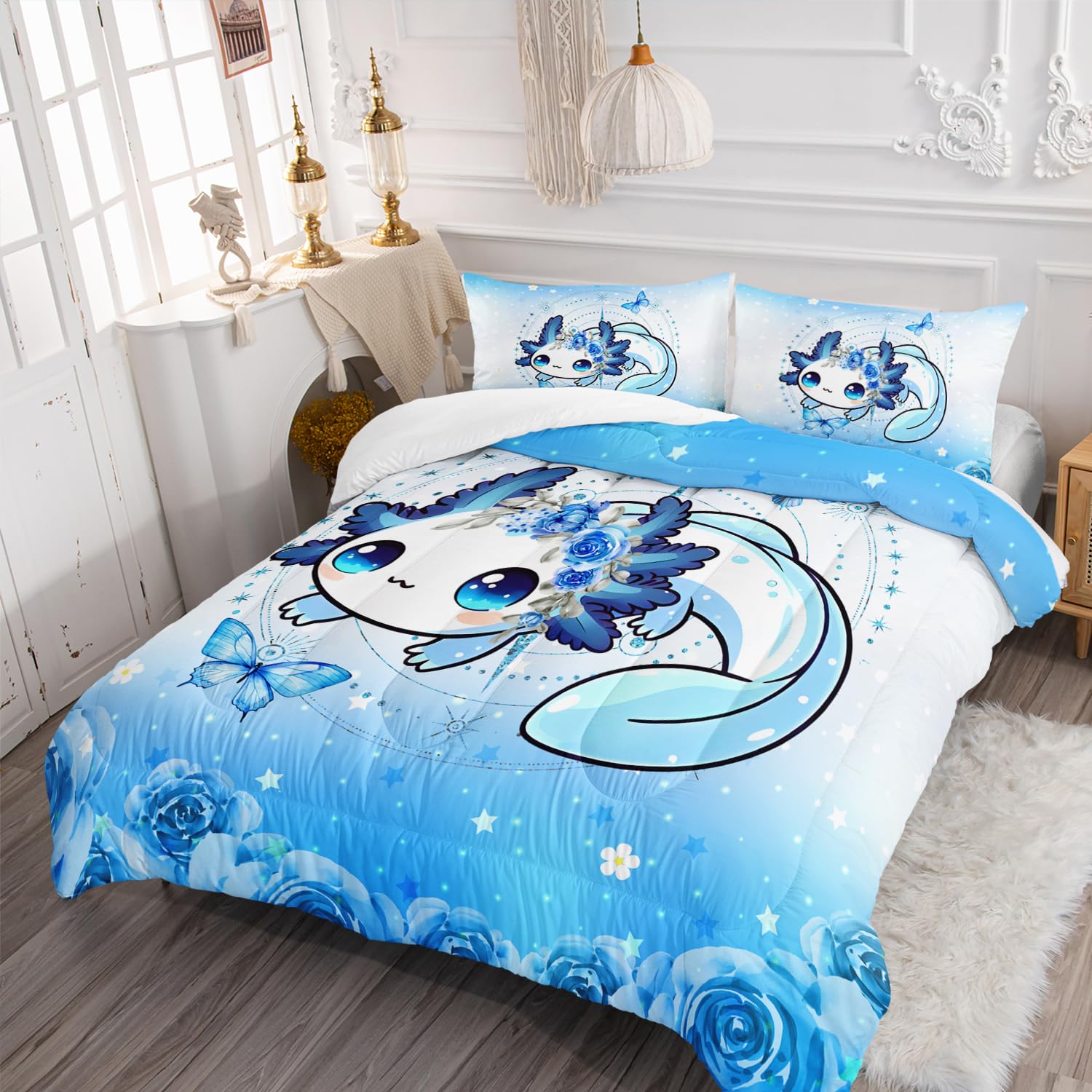 AILONEN Cartoon Axolotl Kids Comforter Set Queen Size, Blue Axolotl Printed Kawaii Bedding Set Girls Bed in a Bag 3 Pieces,Wildlife Animals Axolotl Salamander Comforter with 2 Pillowcases