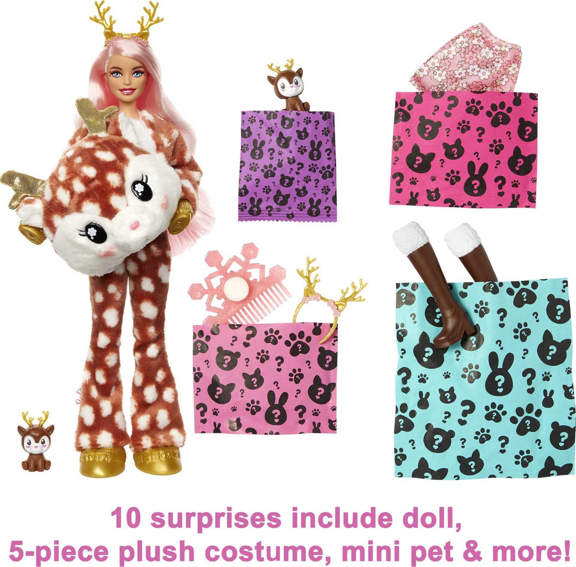 Barbie Cutie Reveal Doll, Snowflake Sparkle Series Deer Plush Costume, 10 Surprises Including Mini Pet & Color Change