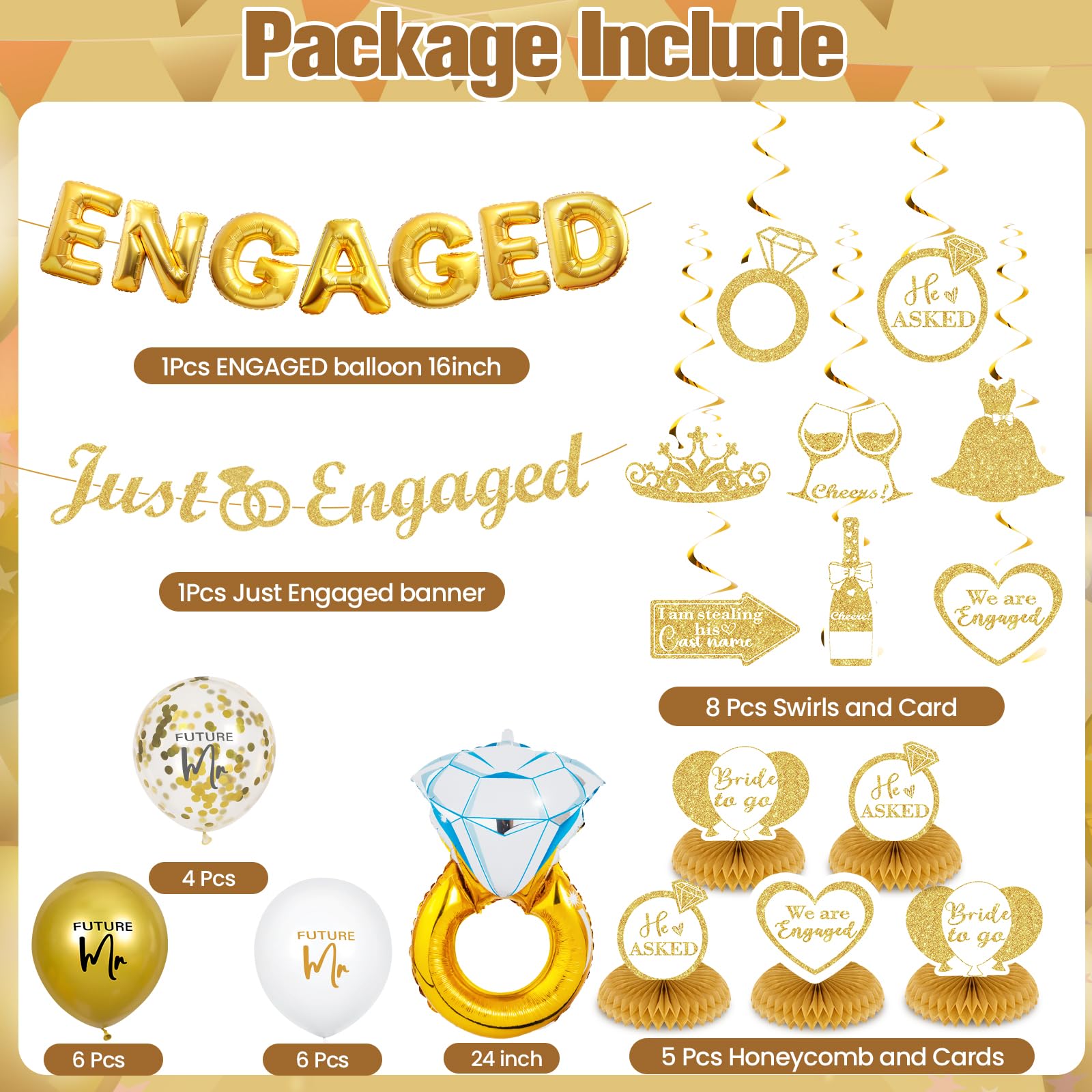 32 Pcs Gold Engagement Party Decorations Just Engaged Banner Diamond Ring Balloons White Gold Engagement Backdrop White Gold Just Married Decorations Kit for Bachelorette Bridal Engagement Party