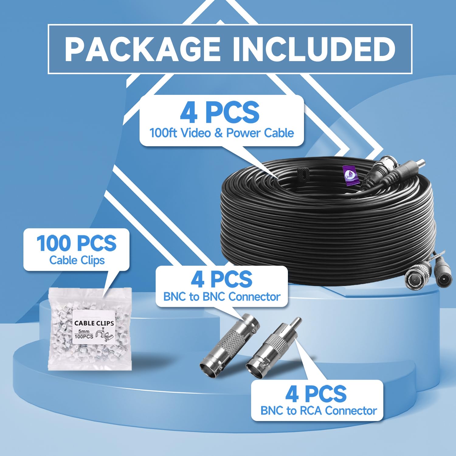 Anlink 4 Pack 100Ft/30M 4K 8MP 5MP All-in-One BNC Video Power Cable, BNC Extension Surveillance Camera Wires for CCTV Camera DVR Systems (8pcs BNC Connectors, 100pcs Cable Clips Included)