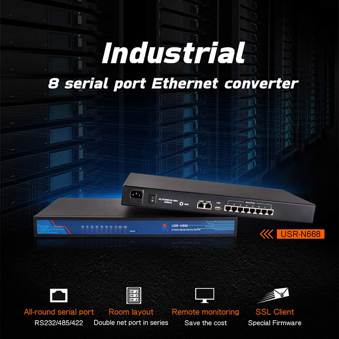 USR-N668 8 Ports Serial Ports Device RS232/RS485/RS422 Serial to Ethernet Converters Module Support TCP Server/UDP Client