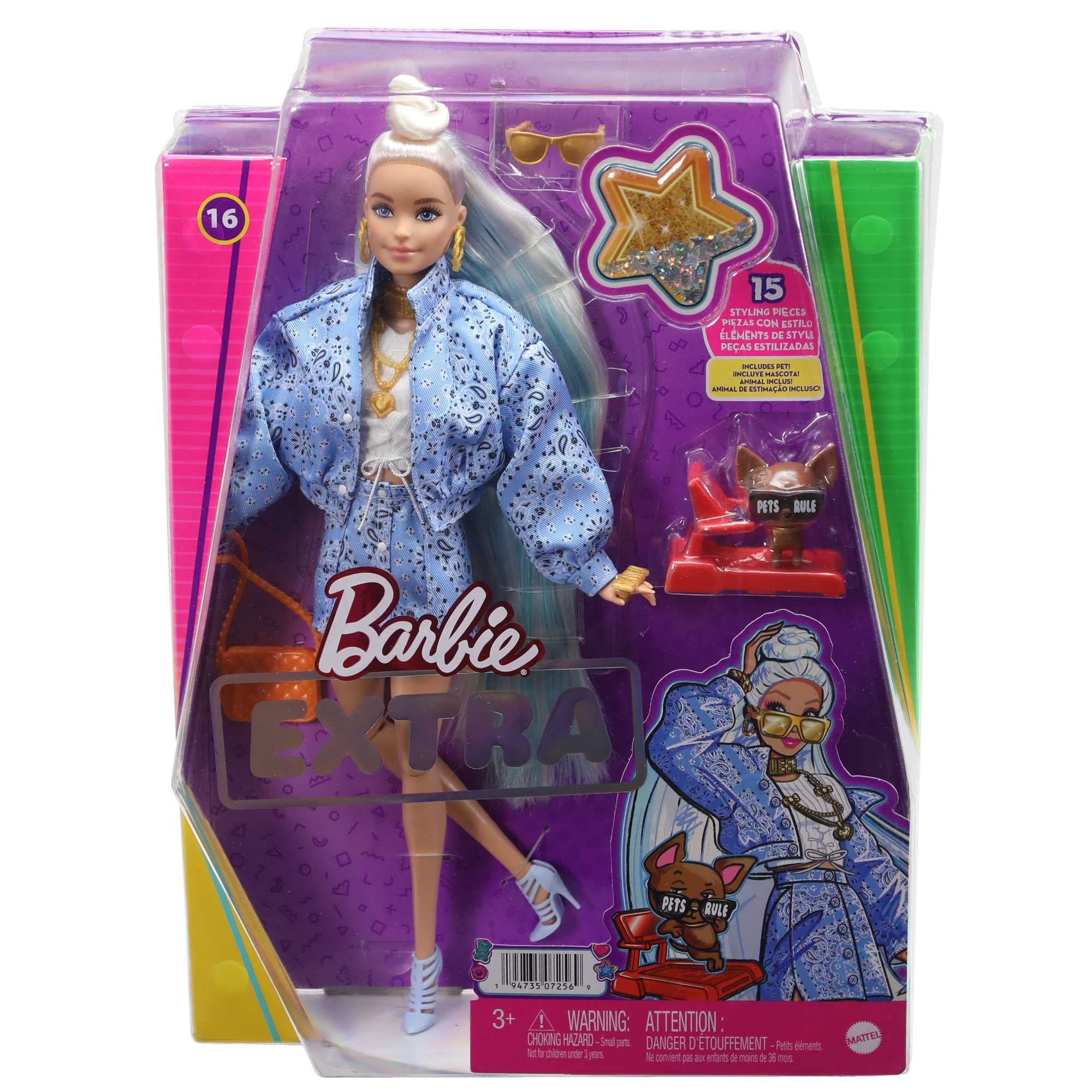 Barbie Extra Doll & Accessories with Platinum Blonde Hair, Blue Paisley-Print Jacket & Pet Chihuahua