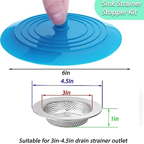 4PCS Kitchen Sink Strainer Sink Stopper, Universal Sink Strainer Stopper Kit, Silicone Drain Plug Cover, 4.5 Inch Stainless Steel Sink Drain Strainer, Food Catcher for Kitchen (Strainers & Stoppers)