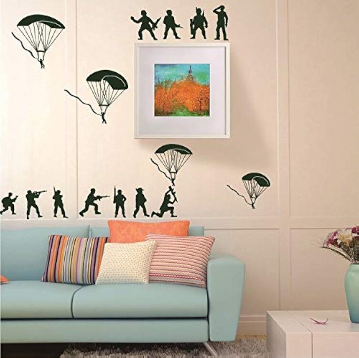 Wall Stickers for Schools, Kids Rooms, Nurseries Quote Small Army Men Bucket of Soldiers, Paratroops for Home Decoration Vinyl Decal and Decor