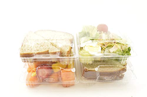 GJTr clear plastic square hinged food container bakery take-out to go boxes take out sandwich, salad, small deli and cake containers with lids for favors 6.09 in x 5.9 in x 2.49 in (25)