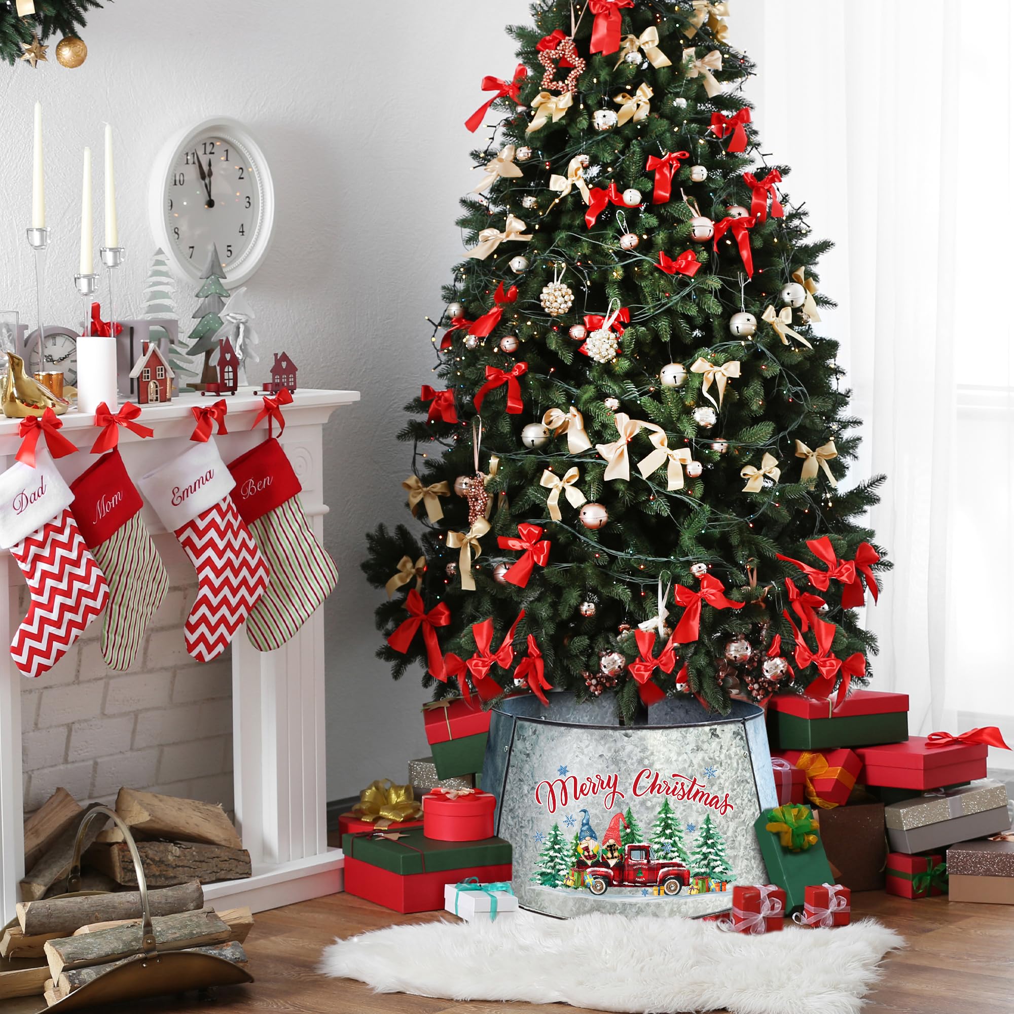 29-Inch Red Metal Christmas Tree Collar - Galvanized Base for Artificial Trees