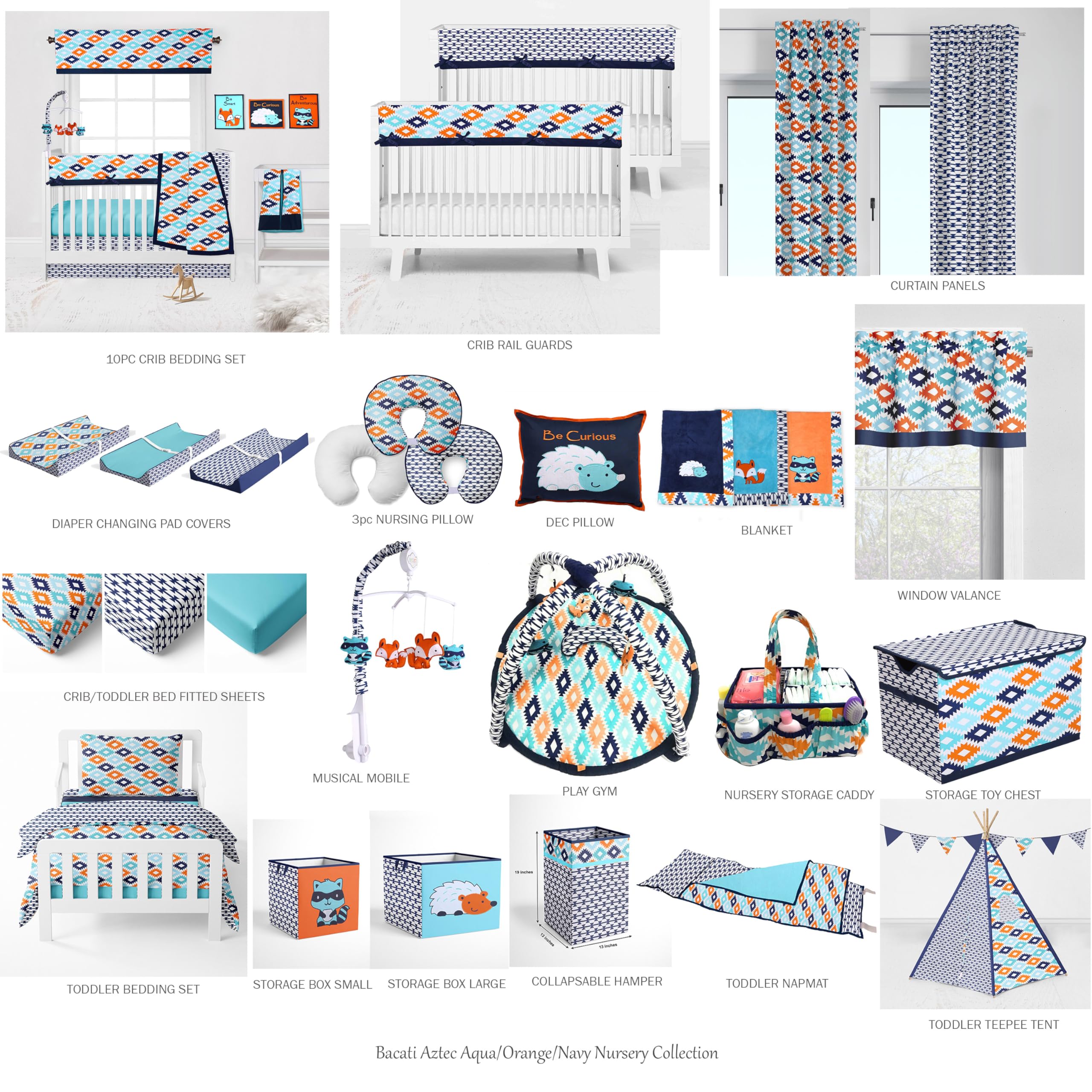 Bacati - Aztec Crib/Toddler Bed Skirt Dust Ruffle (Solid Aqua)