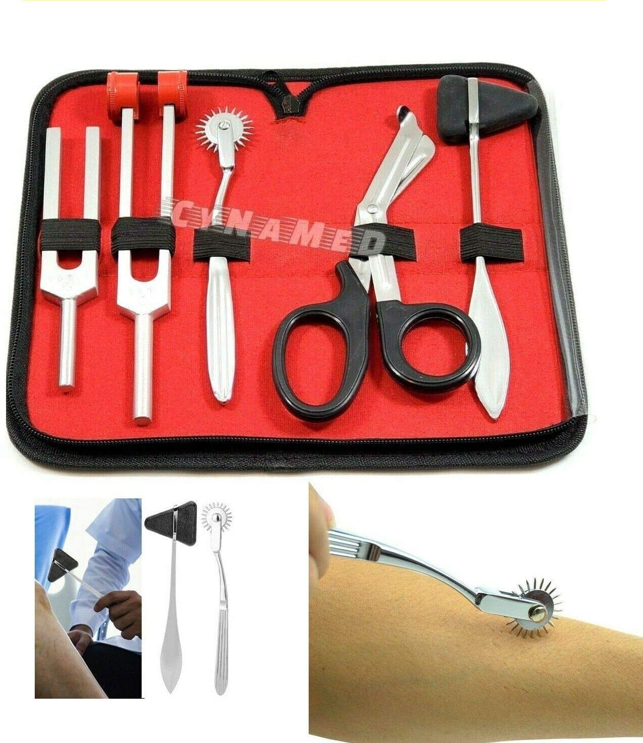 New 5 Piece Student Diagnostic Kit - Reflex Taylor Hammer and Tuning Fork Set C 128 and C 512. Includes Wartenberg Pinwheel, Premium Steel Bandage Scissor 7.5β Black