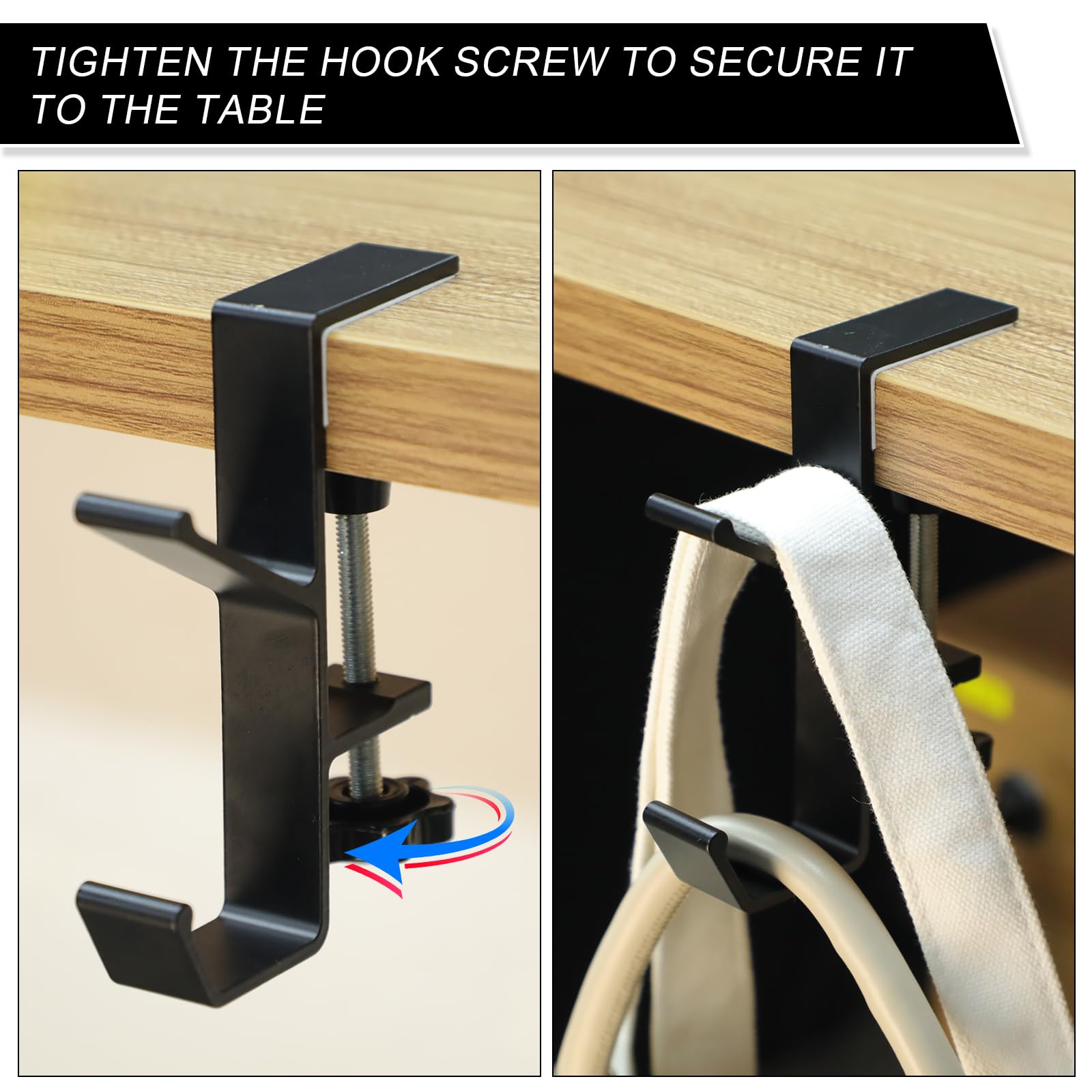2pcs Desk Mount Holder Hook, Premium Aluminum Alloy Handbag Hanger Classic Black Purse Hooks Stylish Clamp-On School Hook for Headphone Counter Table Office Home Desk Accessory (Branch Shaped)