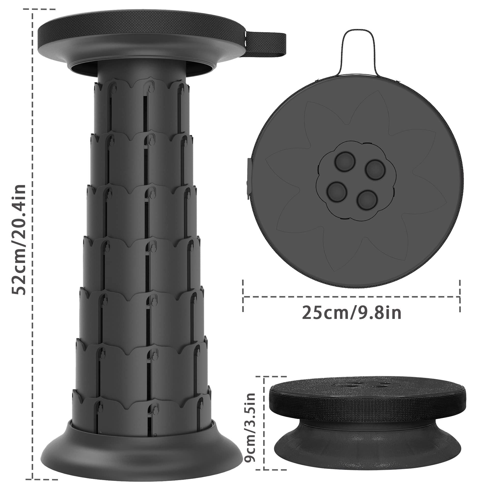 20.4“Telescoping Stool with Cushion,Portable Camping Stool More Sturdy Capacity 550Ib,Collapsible Retractable Stool Adjustable Folding Stool for Garden Fishing Hiking BBQ with Carry Bag,Carabiner