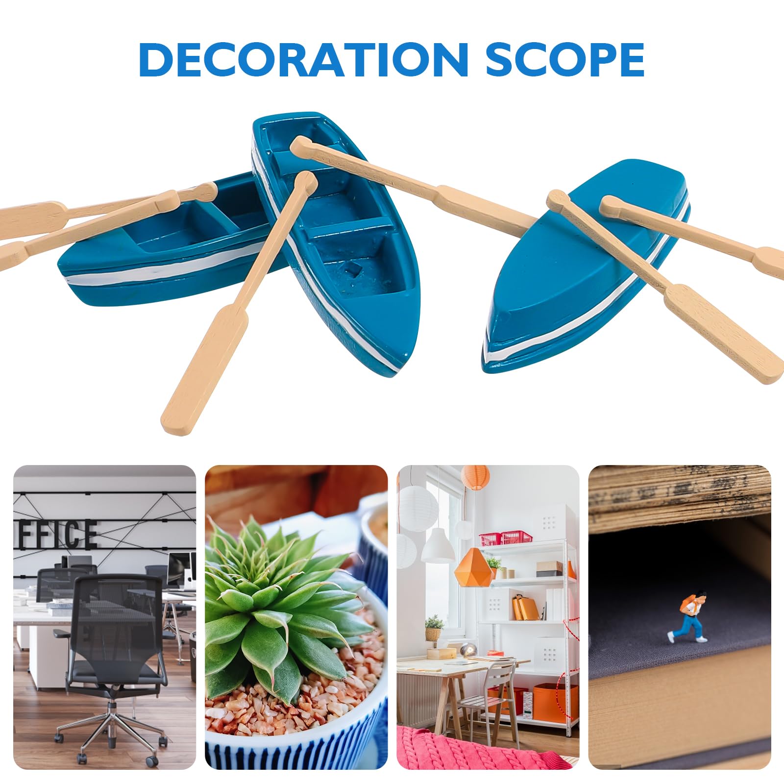 BESPORTBLE 6 Sets Miniature Rowboat Mini Blue Wood Boat with Oars Canoe Model Figurines Fairy Garden Miniatures Nautical Home Decorations (Boat+2 Paddles)