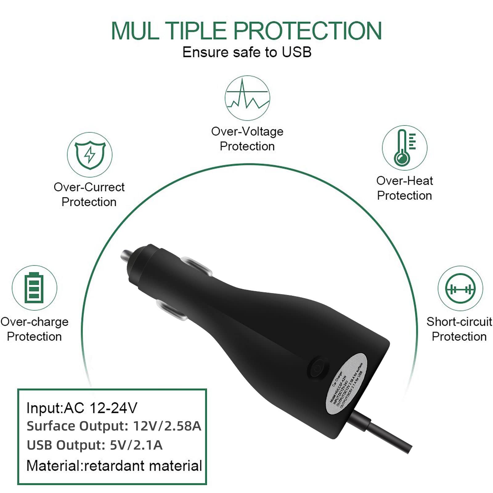 Sisyphy Surface Car Charger with USB Charging Port, Total 42W 12V 2.58A Power Supply, Compatible for Microsoft Surface Pro7 + Plus Pro6 Pro5~3 Surface Go 1/2 Laptop 1/2/3 Surface Book