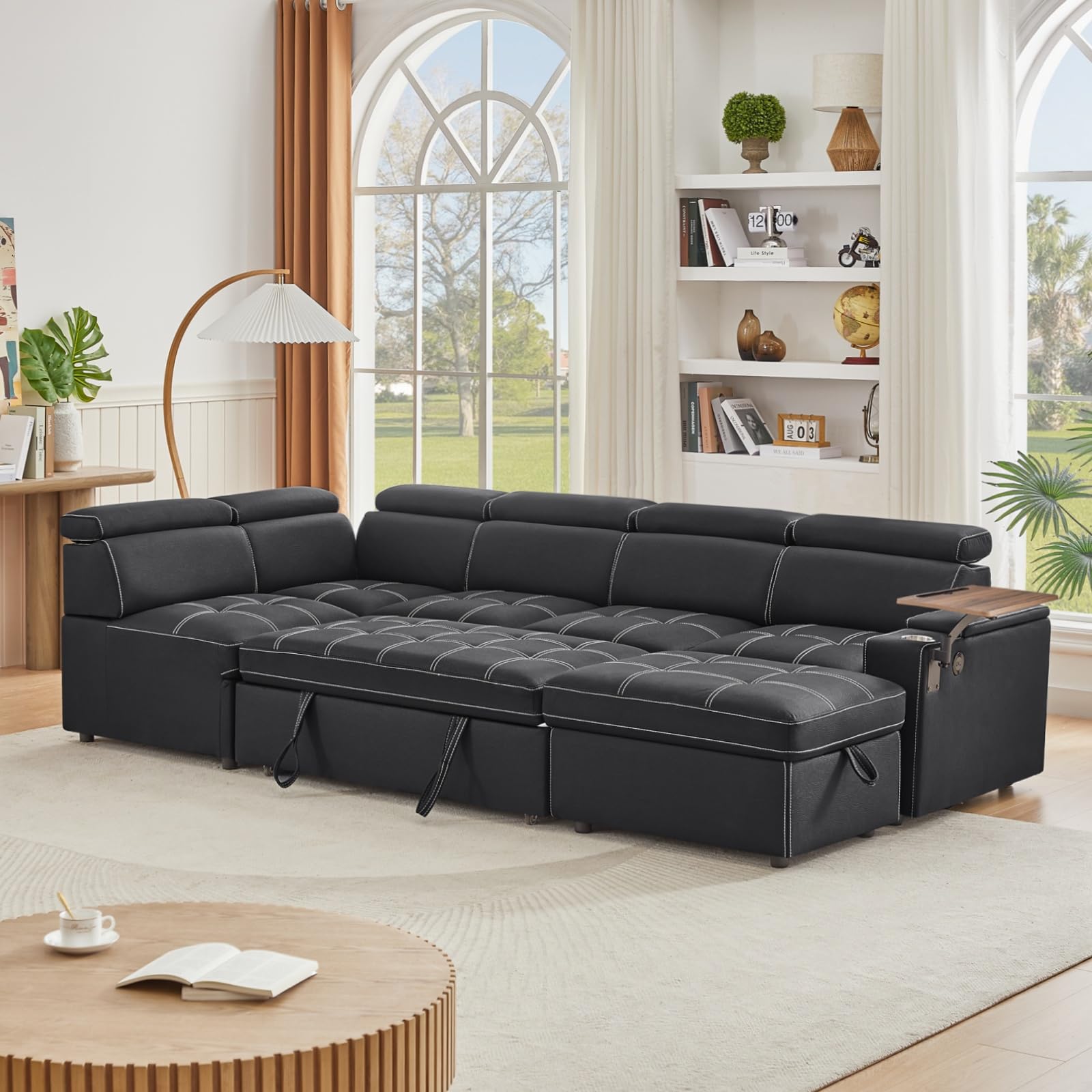 65'' Sleeper Sofa with Pull Out Bed, Convertible Sofa Couch for Living Room, Adjustable Backrest Sleeper Couch with 360 Degree rotatable Side Table for Living Room,RV