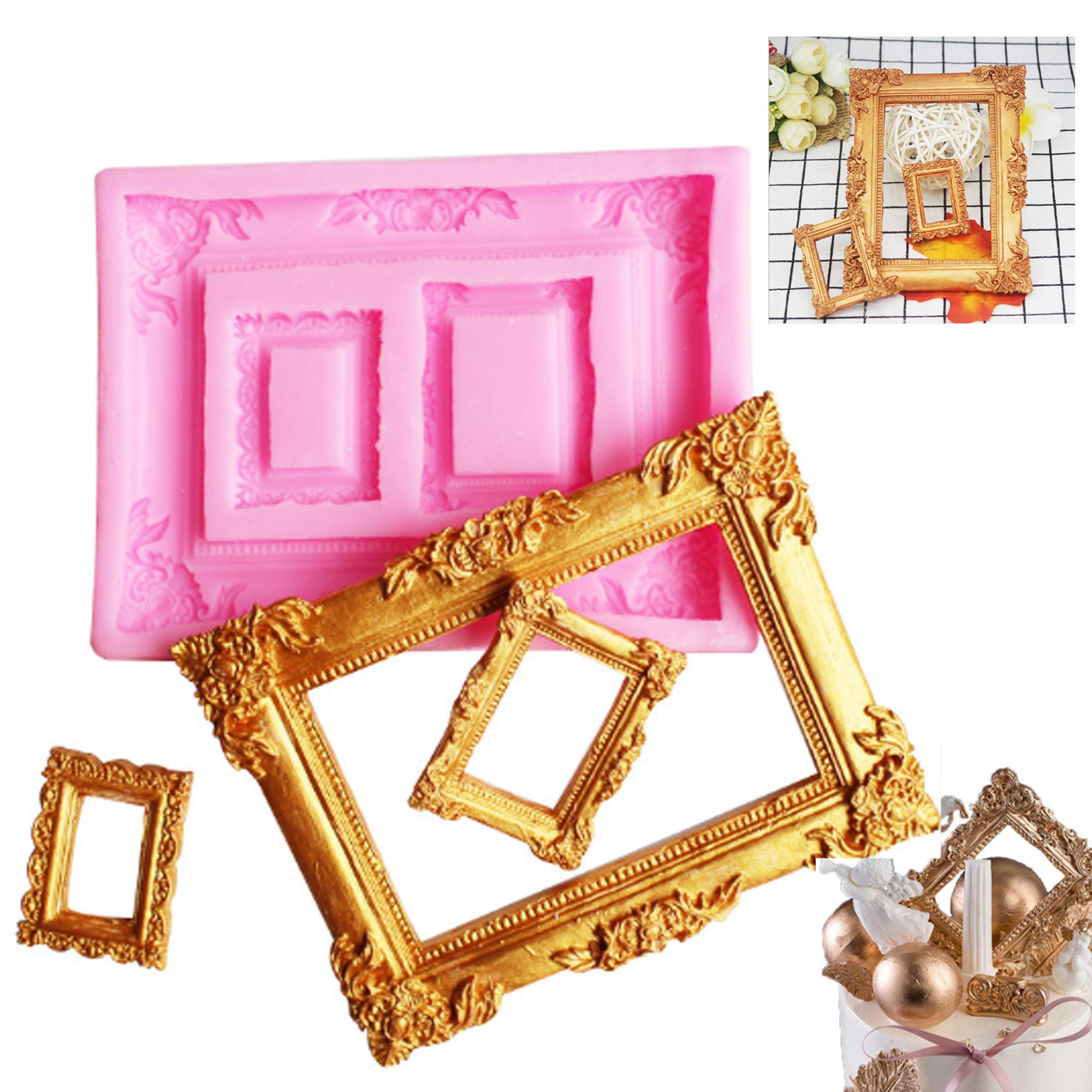 3 Pieces Pink Picture Frames Silicone Mold for Cake Decorating Sugar Gum Paste Chocolate Cookies Resin Polymer Clay