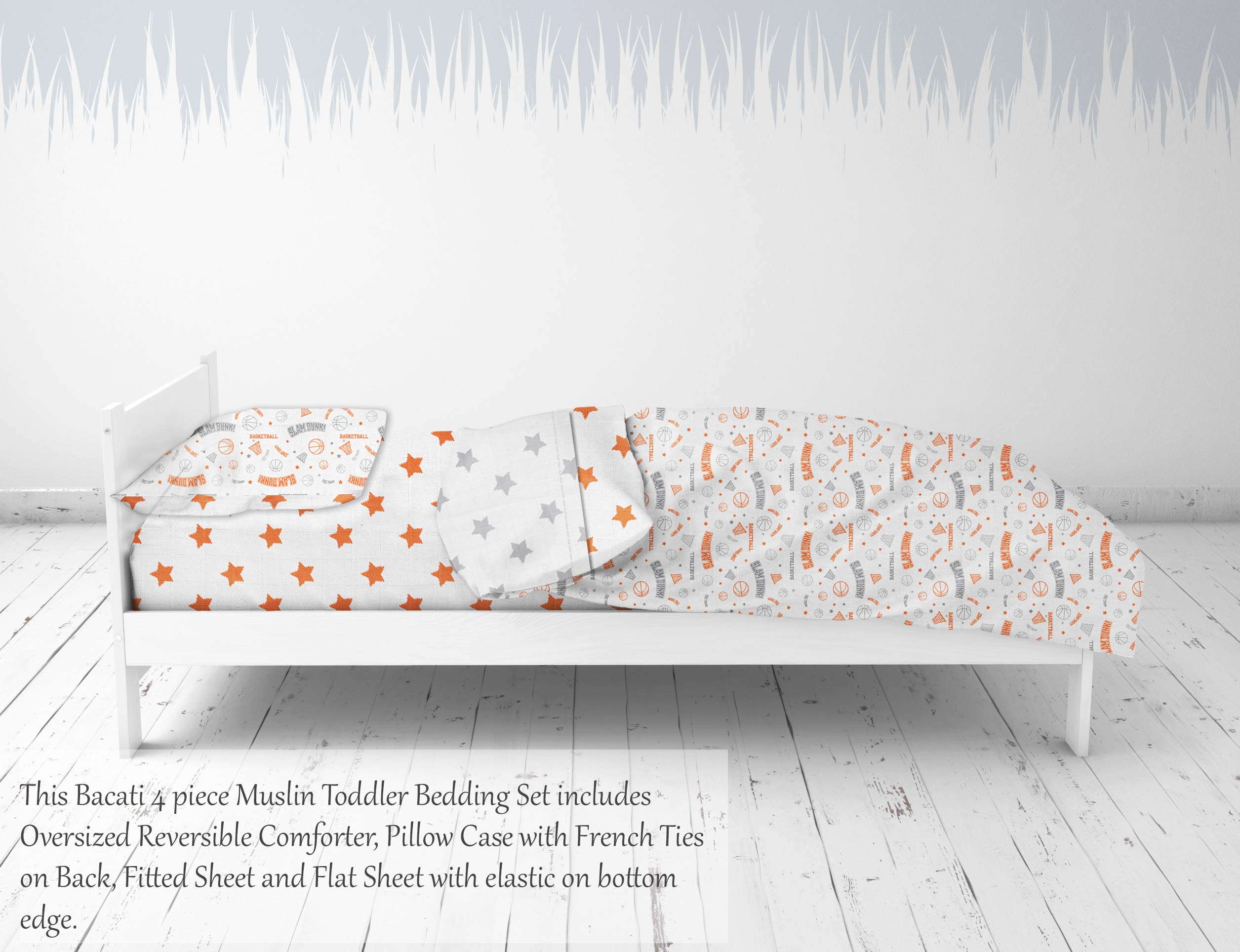 Bacati - Muslin 4 Piece Boys Toddler Bedding Set 100 Percent Cotton Includes Reversible Comforter, Fitted Sheet, Flat Sheet, and Pillow Case (Basketball Orange/Grey)
