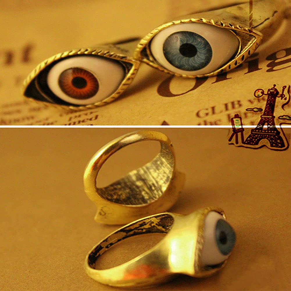 2Pcs Evil Eye Couple Ring for Women Men Exaggerated Brown Blue Turkish Eyes Ring Human Demon Dragon Eye Ring Gothic Jewelry Gift Size 7