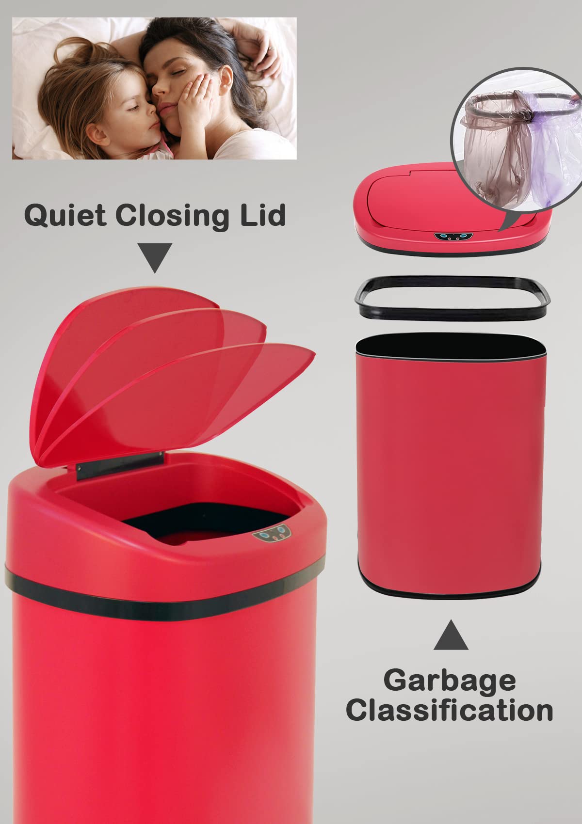 50 Liter Kitchen Trash Can with Lid Garbage Can 13 Gallon Tall Kitchen Automatic Trash Can Motion Sensor Trash Can, Stainless Steel Garbage Can Trash Bin Anti-Fingerprint, Soft-Close Lid (Red)