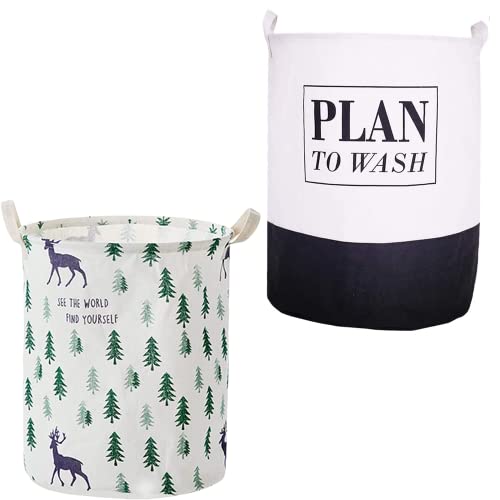 CAM2 Laundry Baskets 22"×16" Collapsible Waterproof Cotton Linen Foldable Laundry Hampers Storage Bin Organizer Baskets with Handles for Clothes, Toy, Nursery(Plan+Deer)