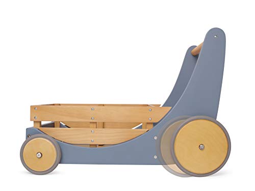 Kinderfeets 2-in-1 Wooden Cargo Walker Cart Wagon with Adjustable Rubber Wheels and Removable Basket for Children and Toddlers (Blue)