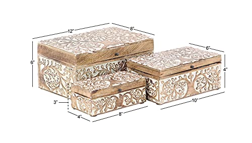 Deco 79 Mango Wood Floral Box with Hinged Lid, Set of 3 8", 10", 12"W, Brown
