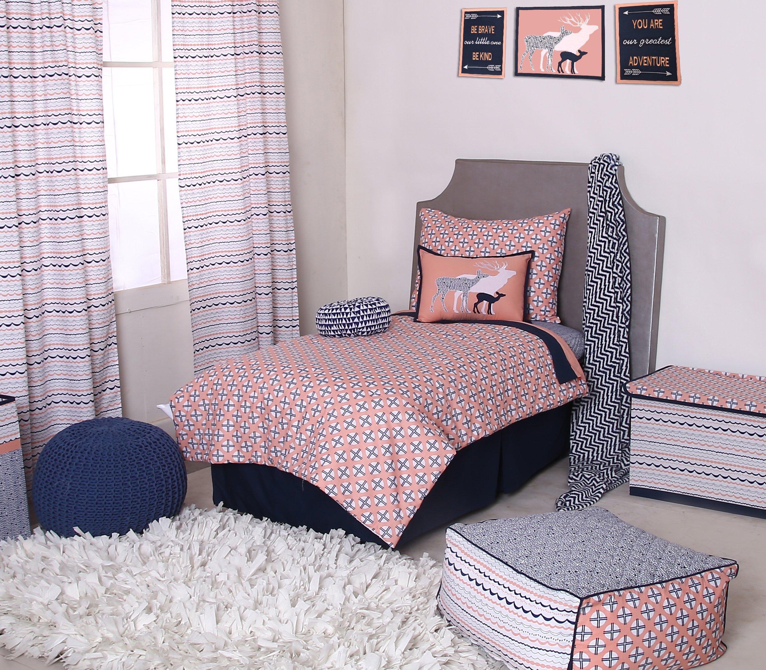 Bacati - Plush Baby Blanket Tribal/Aztec Coral/Navy Embroidered 30 x 40 inches