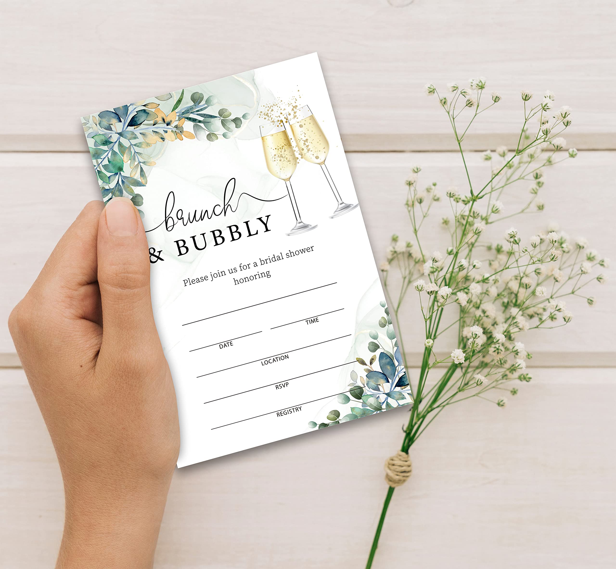 Greenery Eucalyptus Brunch & Bubbly Invitations with Envelopes for All Occasions, 25 Pcs Champagne Brunch Blank Fill-in Invites for Bridal Shower, Wedding Reception, Engagement Party(02)