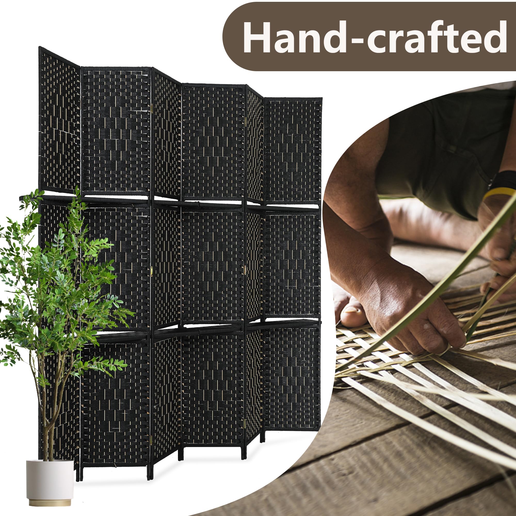Room divider 6 panel room screen divider wooden screen folding portable partition screen wood with removable storage shelves colour,Black