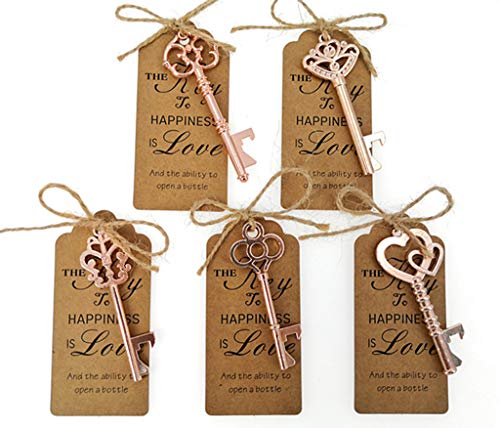 50pcs Skeleton Key Bottle Opener Wedding Party Favor Souvenir Gift with Escort Tag and Jute Rope (Rose Gold Tone,5 styles)