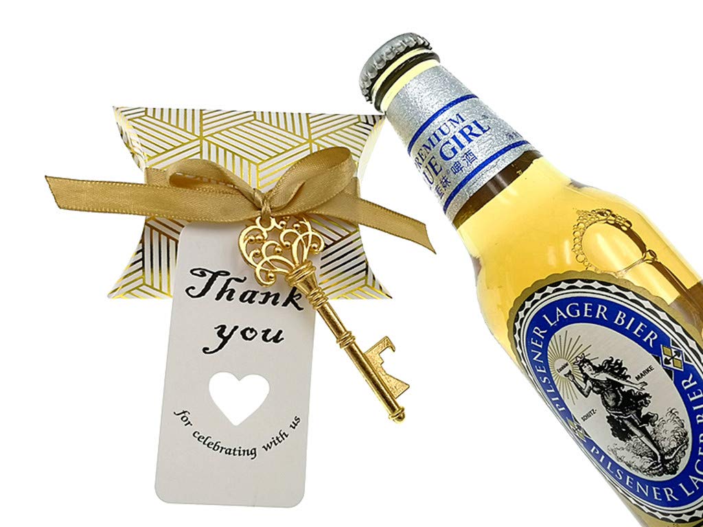 50pcs Skeleton Key Bottle Opener Wedding Party Favor Souvenir Gift with Candy Box and Ribbon(Gold)