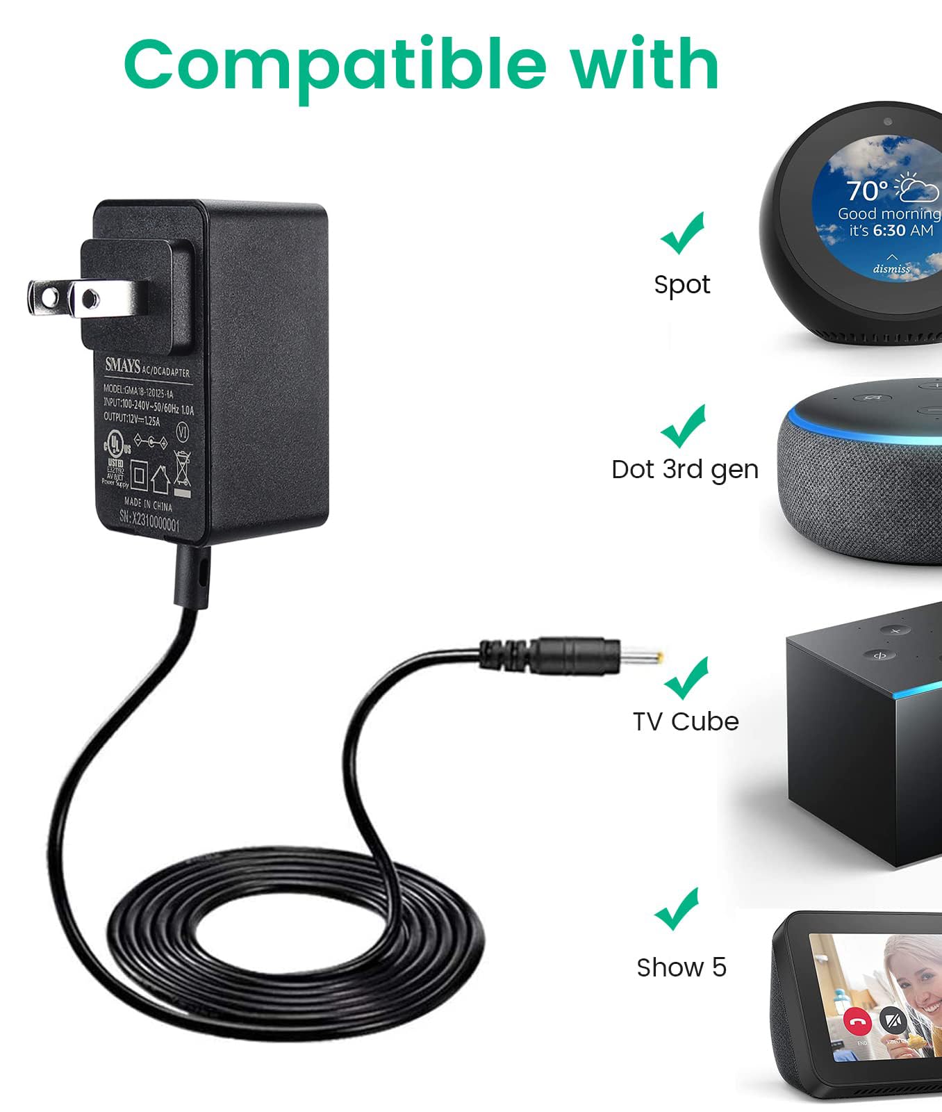 Power Adapter Replacement for Alexa Show 5 1st Gen / 2nd Gen, Alexa Dot 3rd Generation - Power Cord Charger