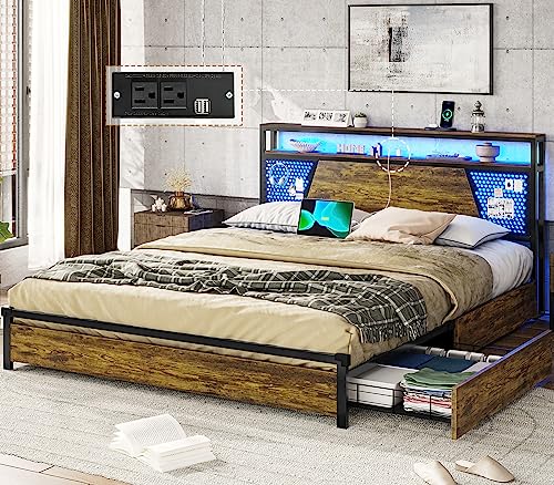 ADORNEVE LED Queen Bed Frame with Storage Headboard, Metal Platform Bed with Charging Station, Bed Frame with 4 Drawers, Storage Shelves, No Box Spring Needed,Noise-Free,Vintage Brown