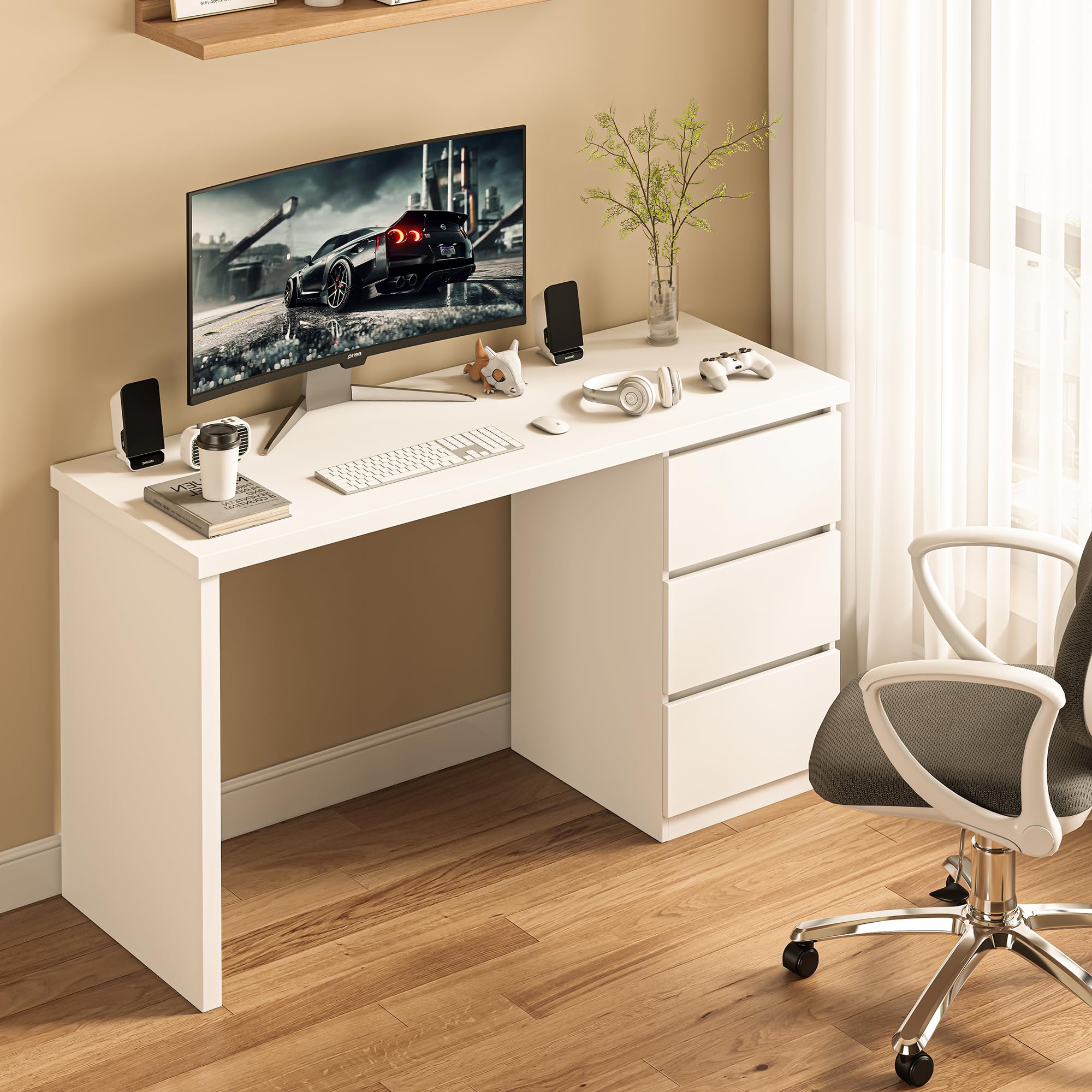 furtble White Desk with Drawers, 53'' W Home Office Computer Desk Gaming Table, Modern Vanity Desk with Storage, Wood Writing Workstation for Bedroom, Living Room