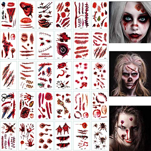 300+ Pieces Halloween Scar Tattoos Temporary for Costume Cosplay Props/Accessories - Vampire Zombie Party Supplies Decorations Realistic Bloody Fake Injury Wound Body Sticker Tattoo(48 Sheets)